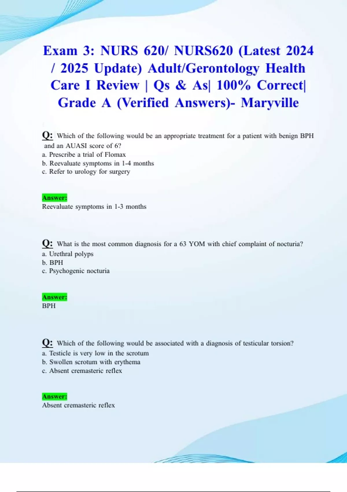 Exam 3 & Exam 4: NURS 620/ NURS620 (Latest 2024/ 2025 Updates STUDY ...
