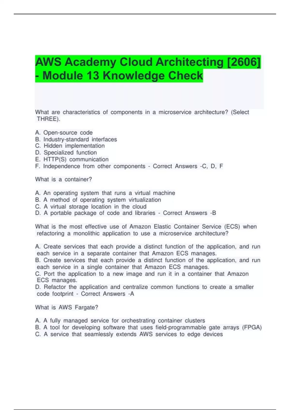 AWS Academy Cloud Architecting -2606- - Module 13 Knowledge Check Exam Questions and Answers ...