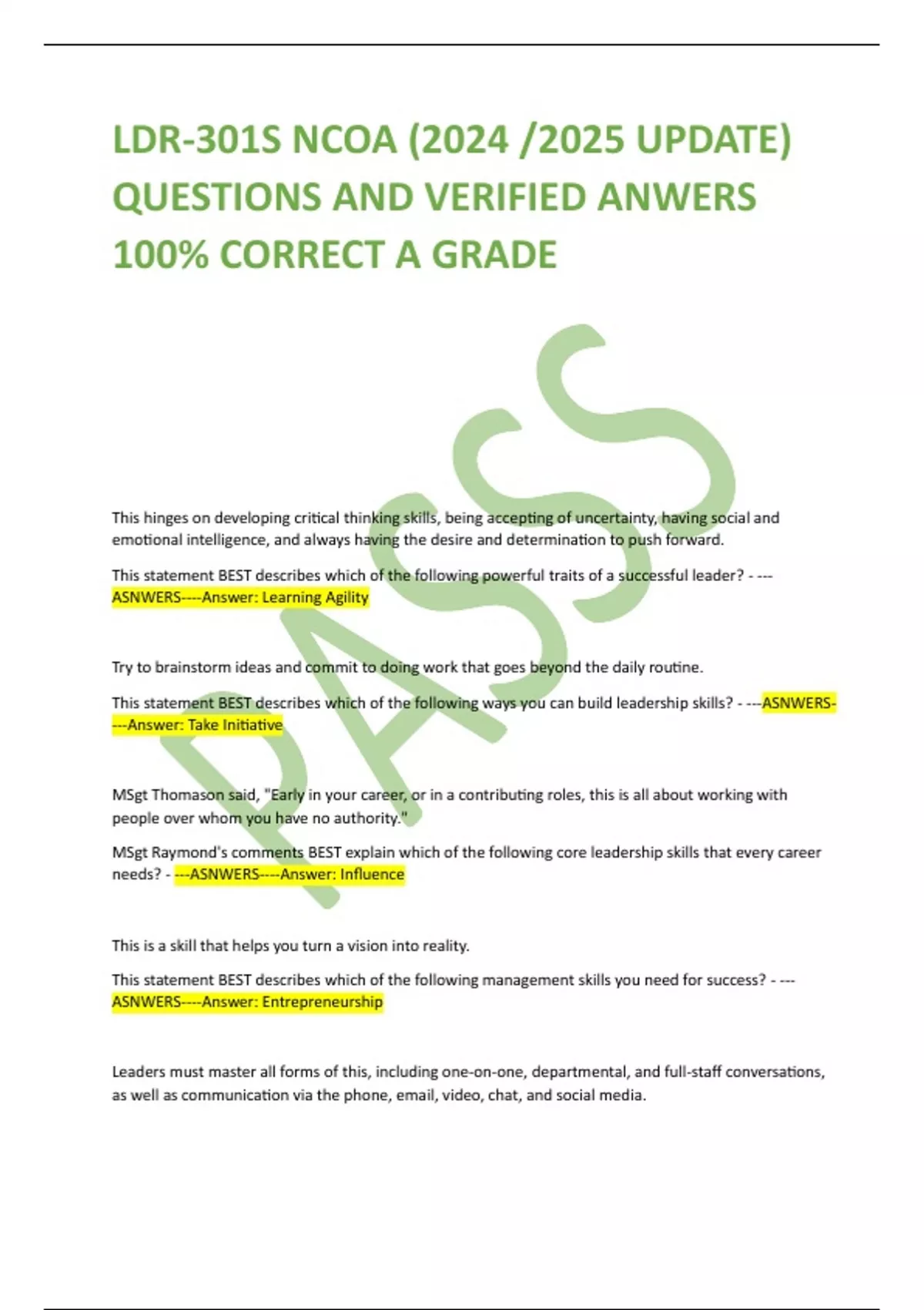 LDR-301S NCOA (2024 /2025 UPDATE) QUESTIONS AND VERIFIED ANWERS 100% ...