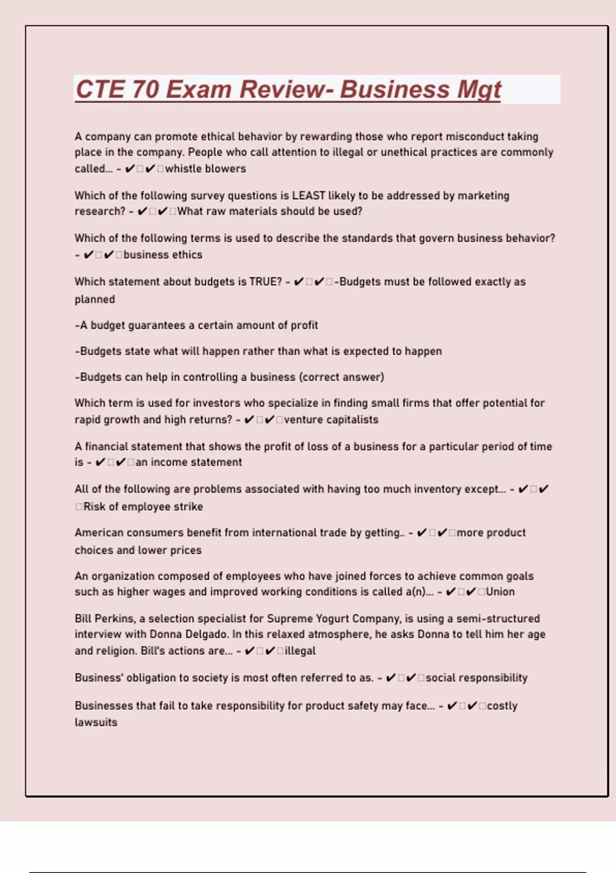 CTE 70 Exam Review- Business Mgt Quiz Questions With Correct Answers - CTE - Stuvia US