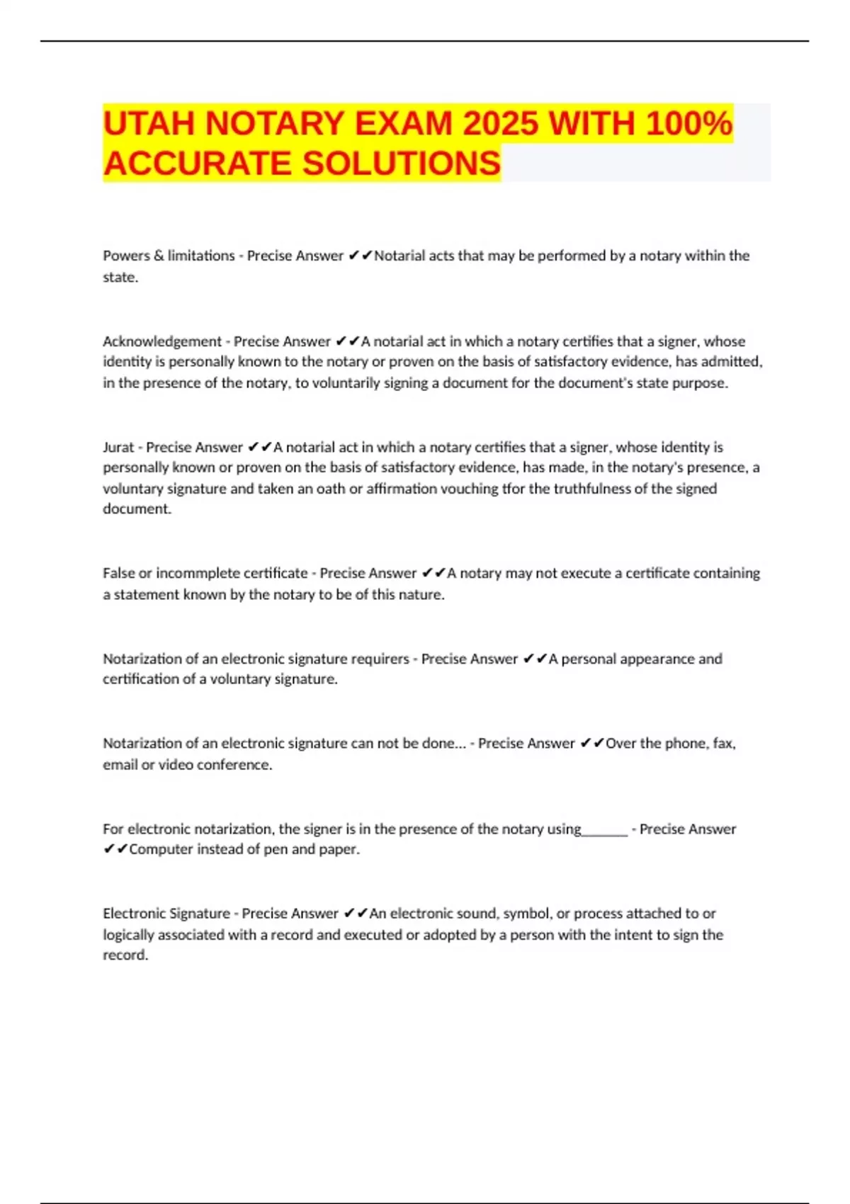 UTAH NOTARY EXAM 2025 WITH 100% ACCURATE SOLUTIONS - UTAH NOTARY ...