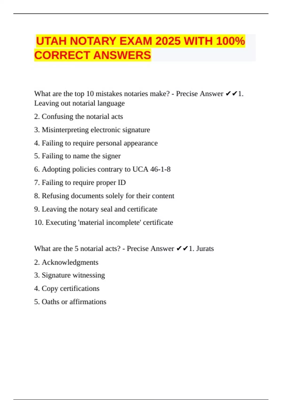 UTAH NOTARY EXAM 2025 WITH 100% CORRECT ANSWERS - UTAH NOTARY - Stuvia US
