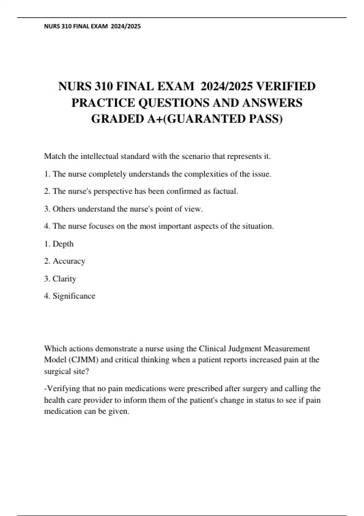 NURS 310 FINAL EXAM 2024/2025 VERIFIED PRACTICE QUESTIONS AND ANSWERS ...