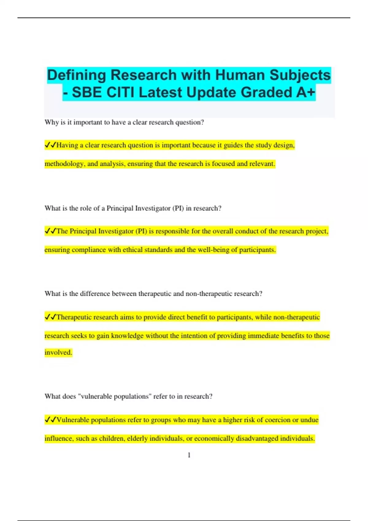 Defining Research with Human Subjects - SBE CITI Latest Update Graded ...