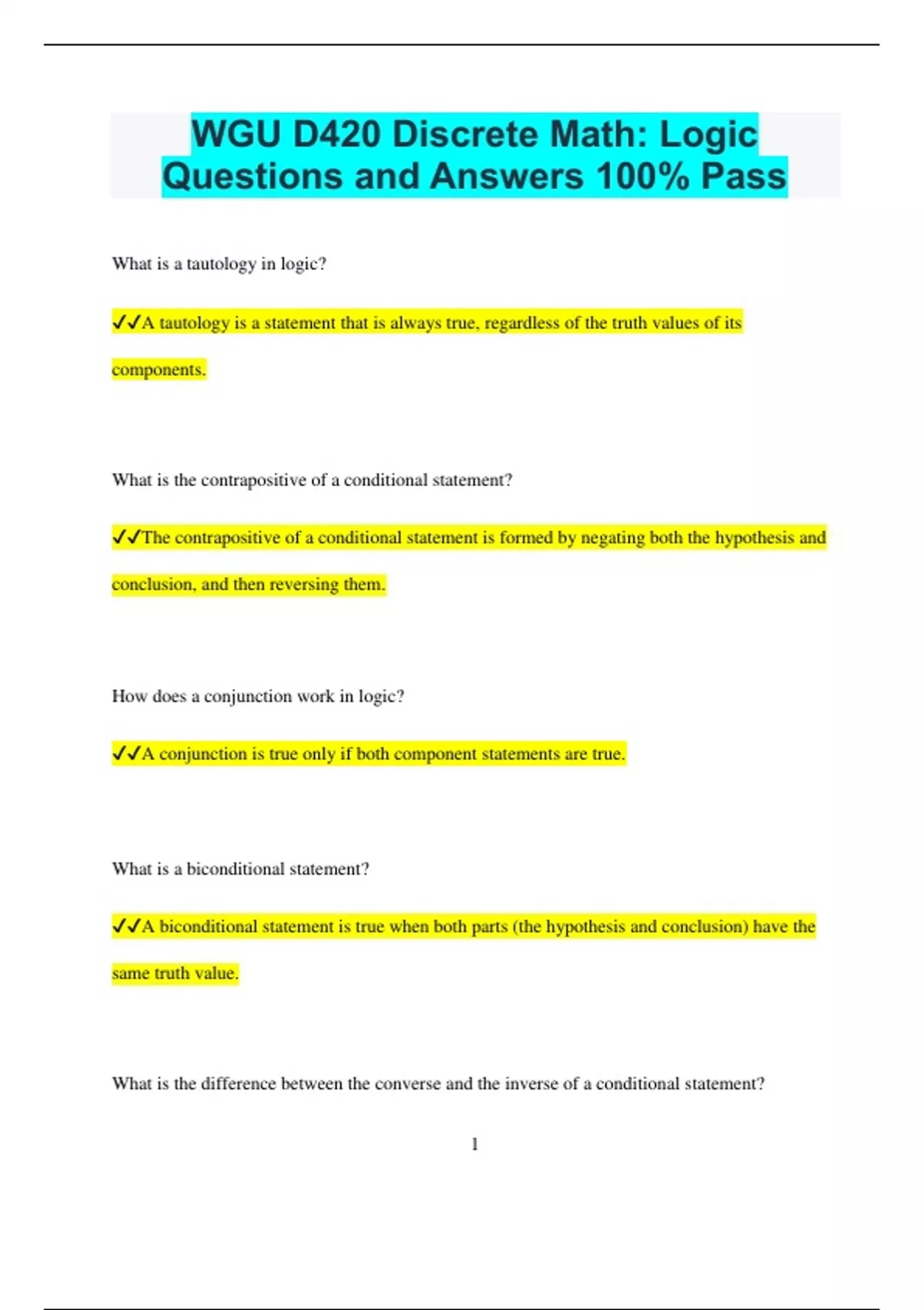 WGU D420 Discrete Math: Logic Questions and Answers 100% Pass - WGU D420 Discrete Math: Logic ...