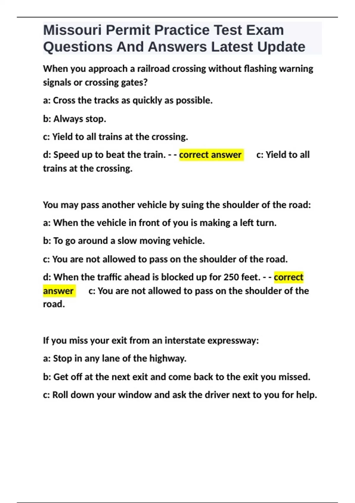 Missouri Permit Practice Test Exam Questions And Answers Latest Update ...