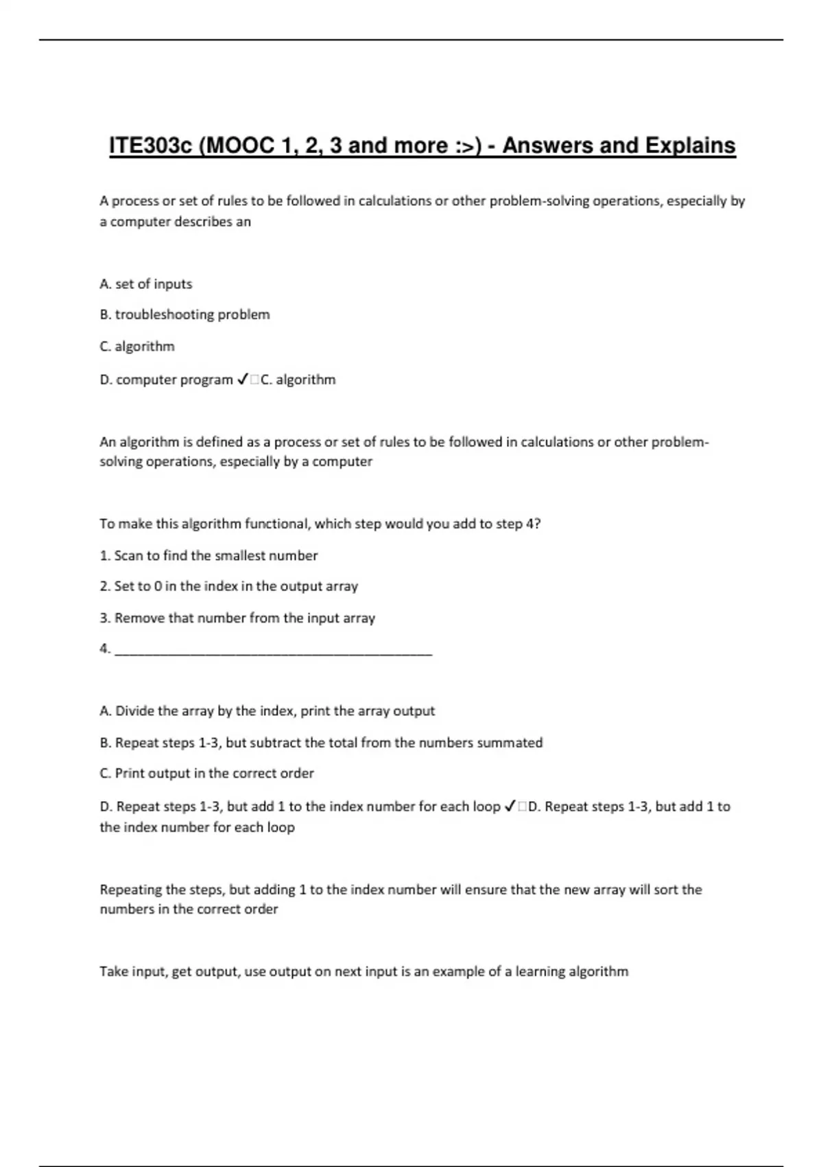 ITE303c (MOOC 1, 2, 3 and more :) - Answers and Explains - ITE303c - - Stuvia US