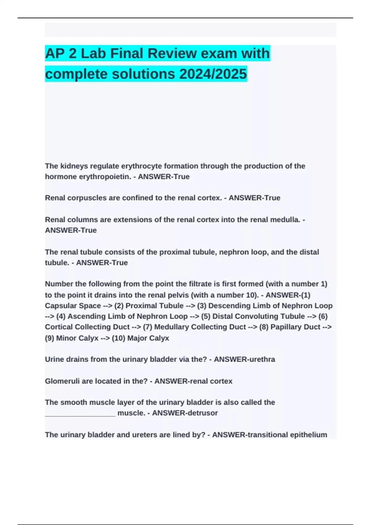 AP 2 Lab Final Review exam with complete solutions 2024_2025 - AP 2 Lab - Stuvia US