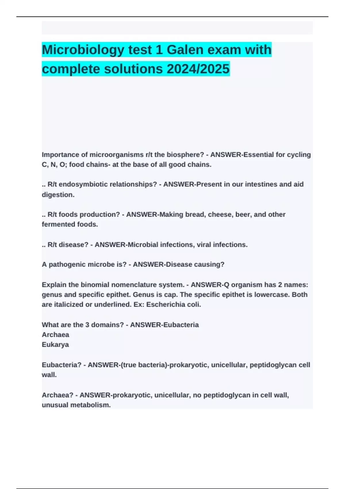 Microbiology test 1 Galen exam with complete solutions 2024_2025 ...