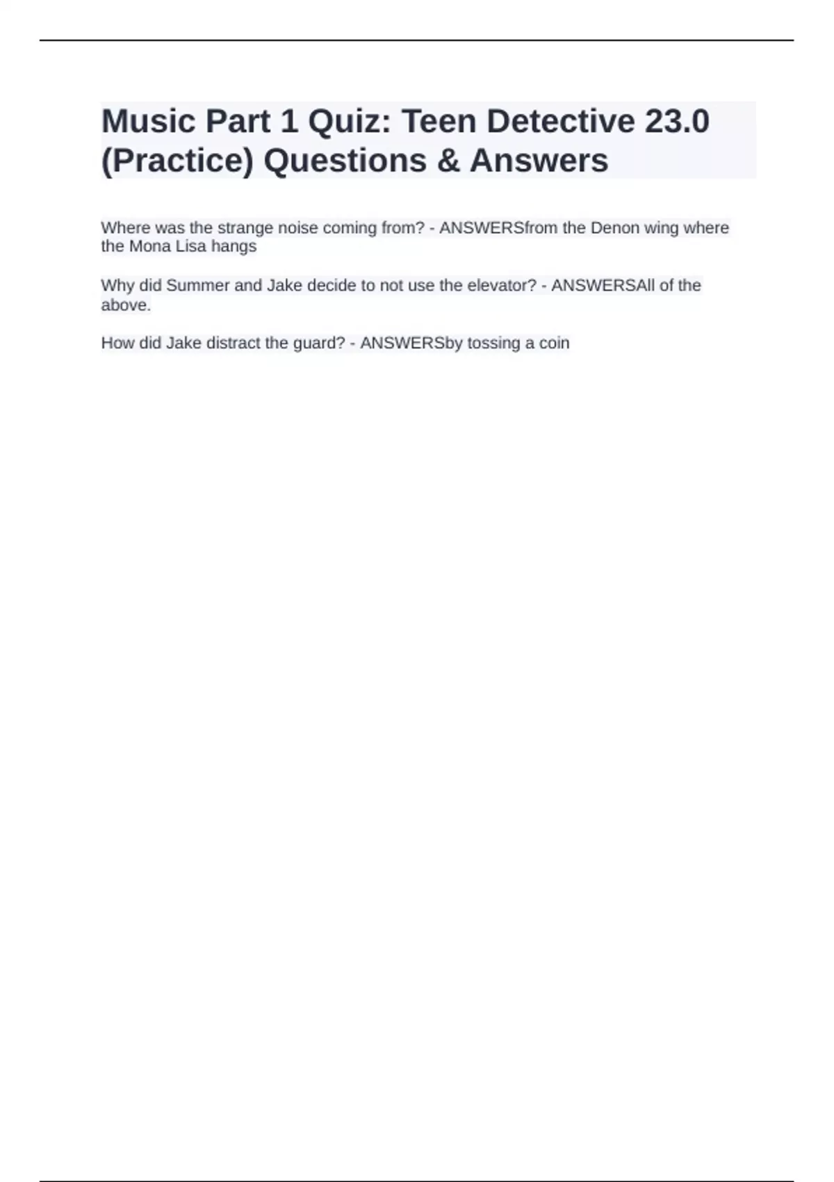 Music Part 1 Quiz: Teen Detective 23.0 (Practice) Questions & Answers ...