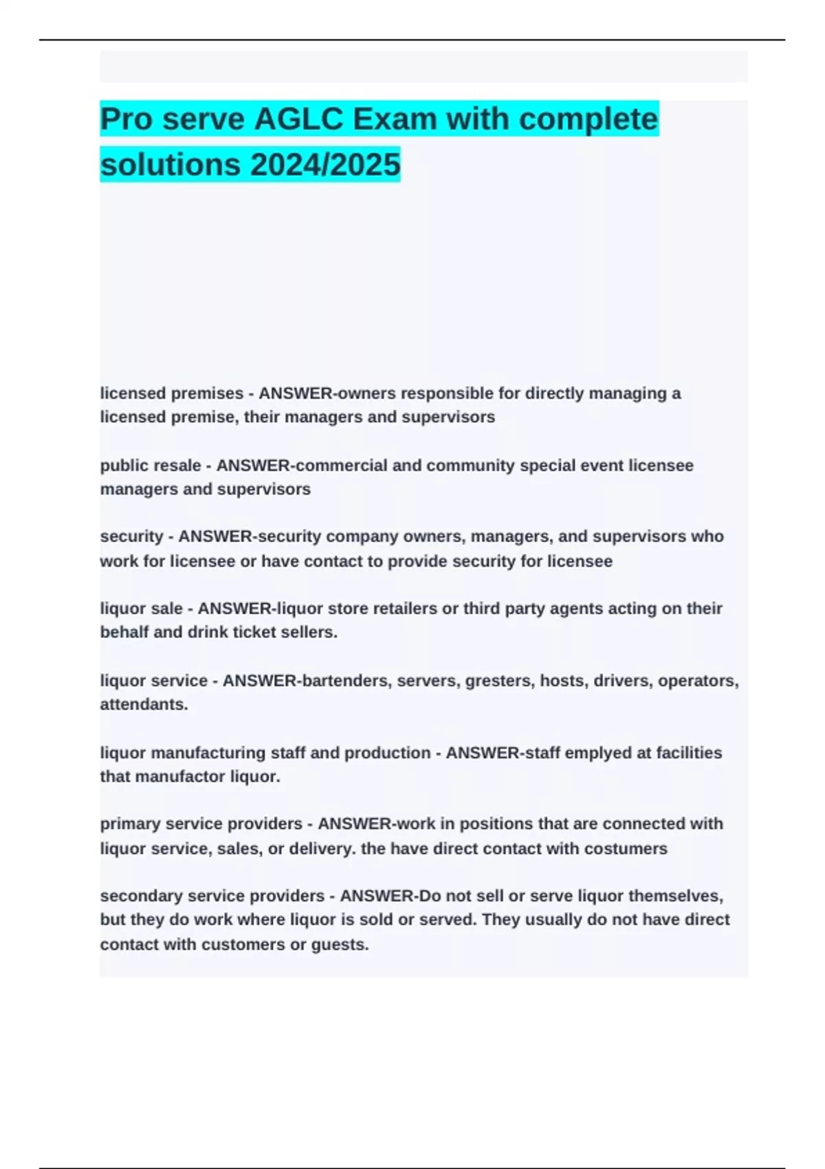 Pro serve AGLC Exam with complete solutions 2024_2025 - Proserve - Stuvia US