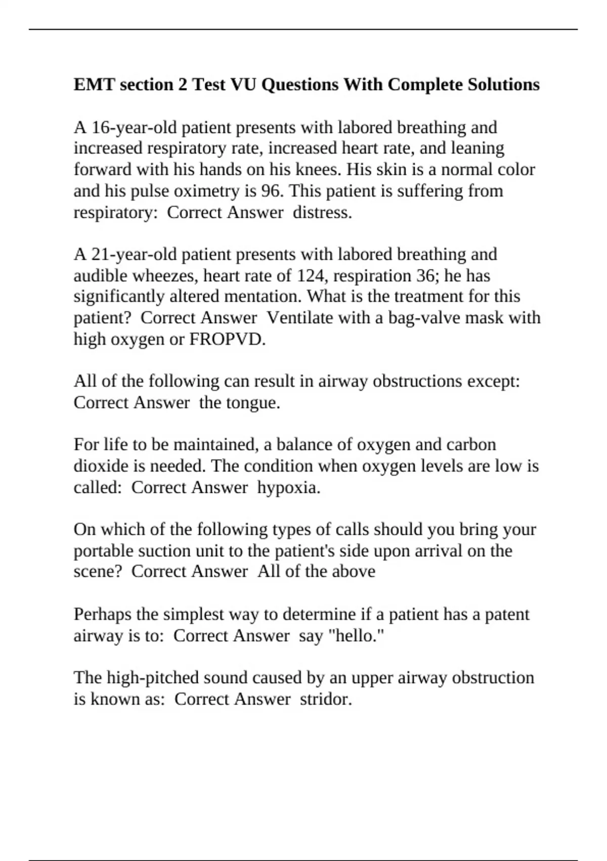 EMT section 2 Test VU Questions With Complete Solutions - EMT - Stuvia US