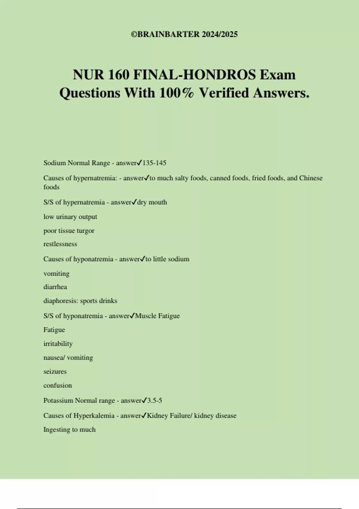 NUR 160 FINAL-HONDROS Exam Questions With 100% Verified Answers. - Nur ...