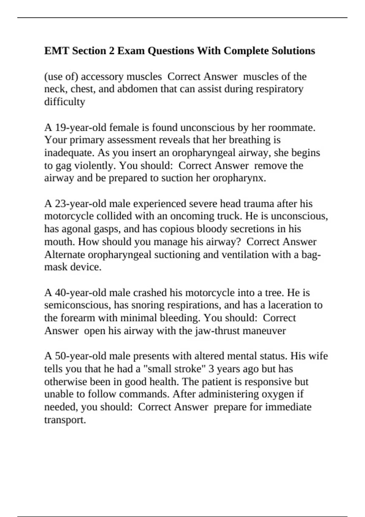 EMT Section 2 Exam Questions With Complete Solutions - EMT - Stuvia US