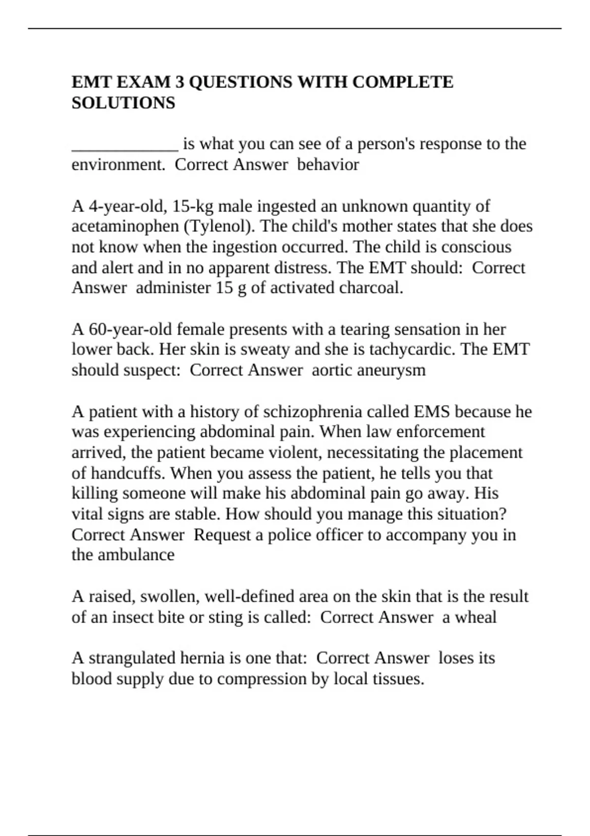 EMT EXAM 3 QUESTIONS WITH COMPLETE SOLUTIONS - EMT - Stuvia US