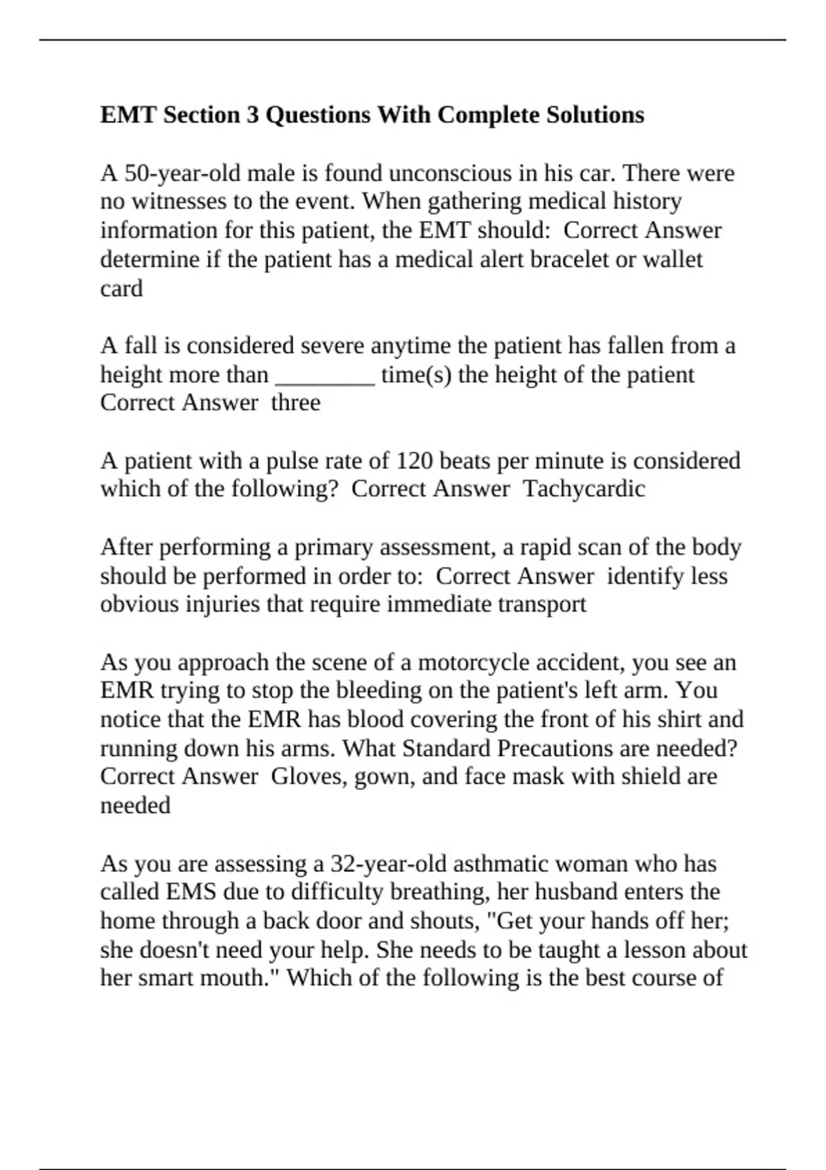EMT Section 3 Questions With Complete Solutions - EMT - Stuvia US