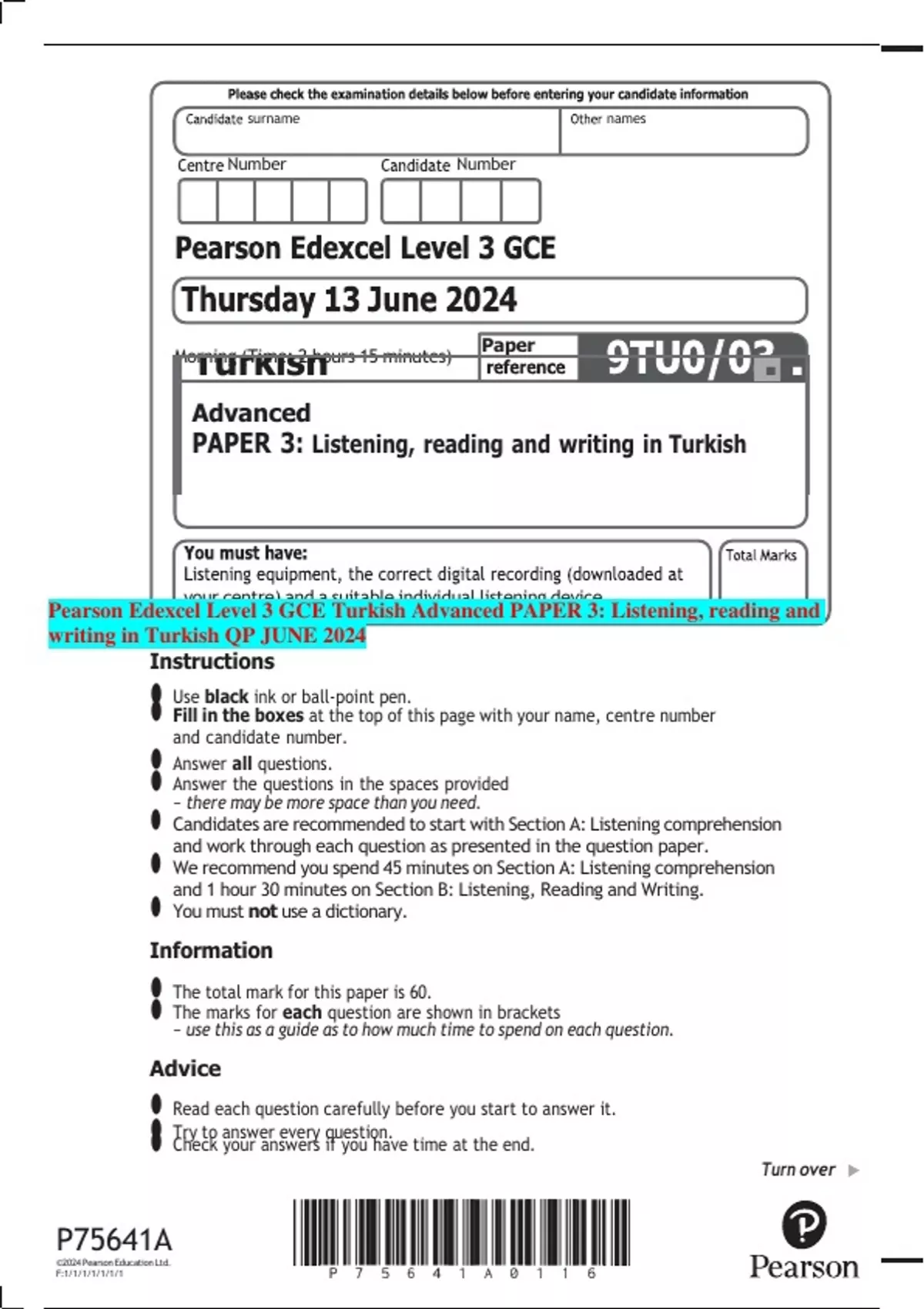 Pearson Edexcel Level 3 GCE Turkish Advanced PAPER 3: Listening ...