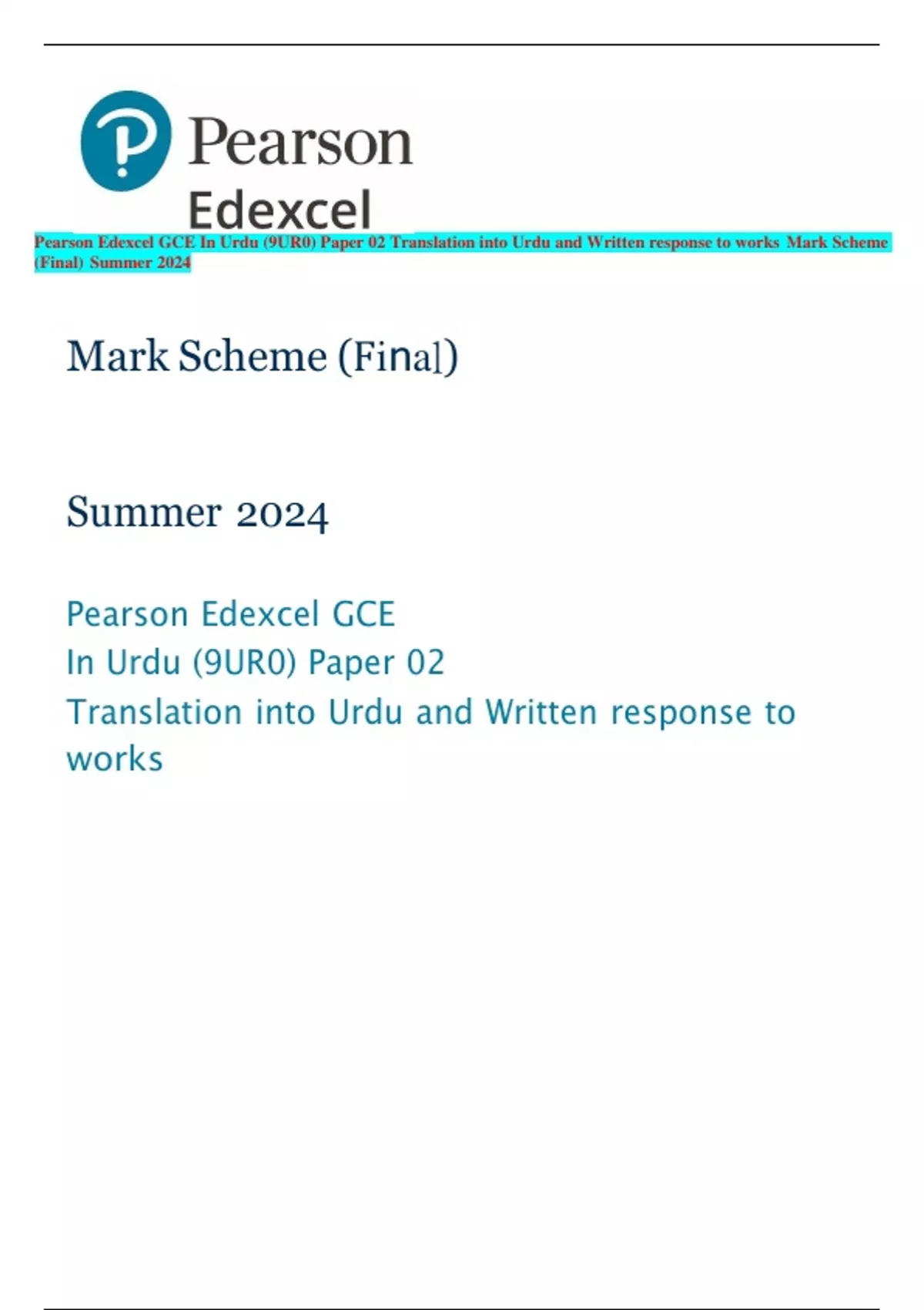 Pearson Edexcel GCE In Urdu (9UR0) Paper 02 Translation into Urdu and ...
