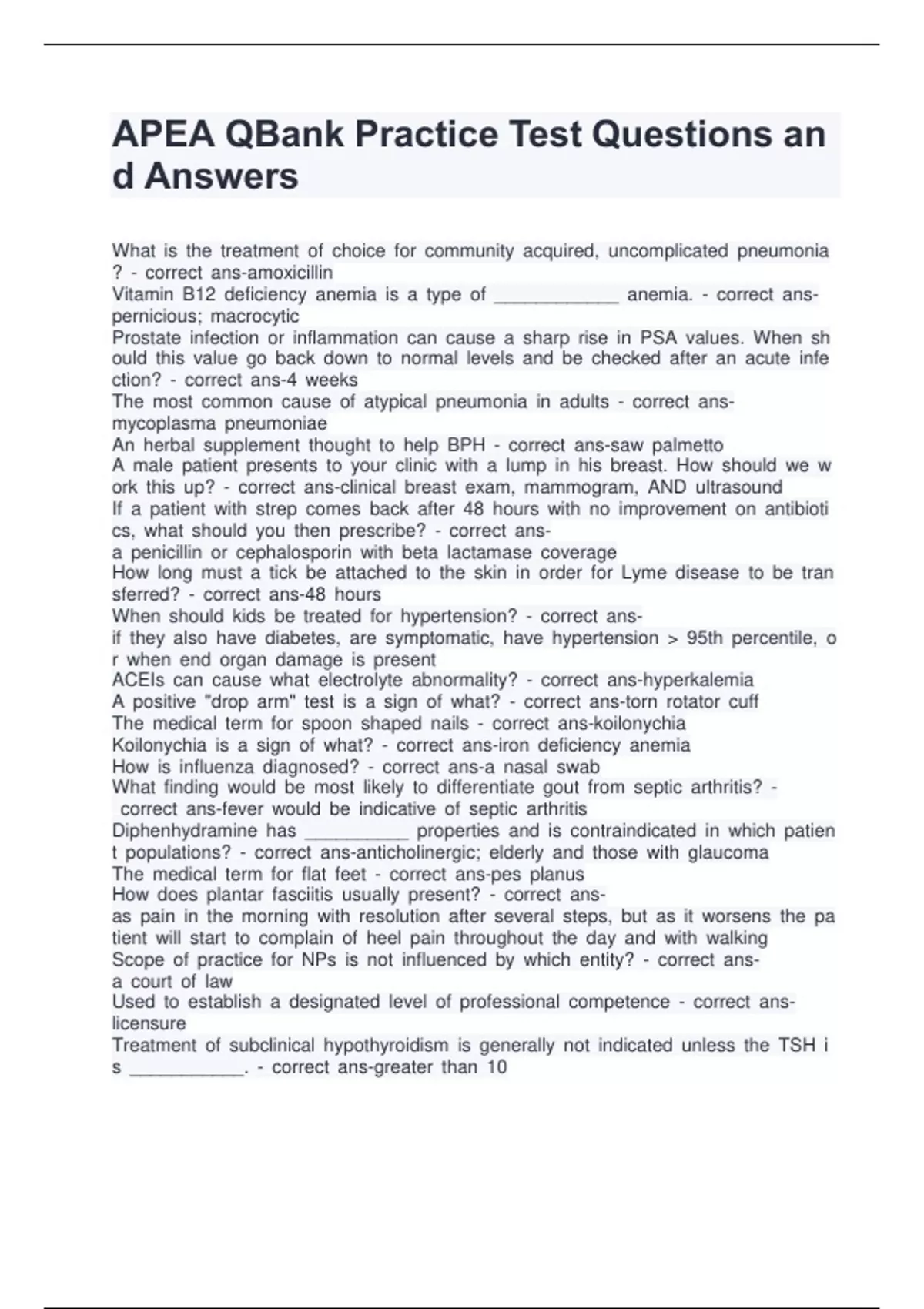 APEA QBank Practice Test Questions and Answers - APEAubQBank - Stuvia US