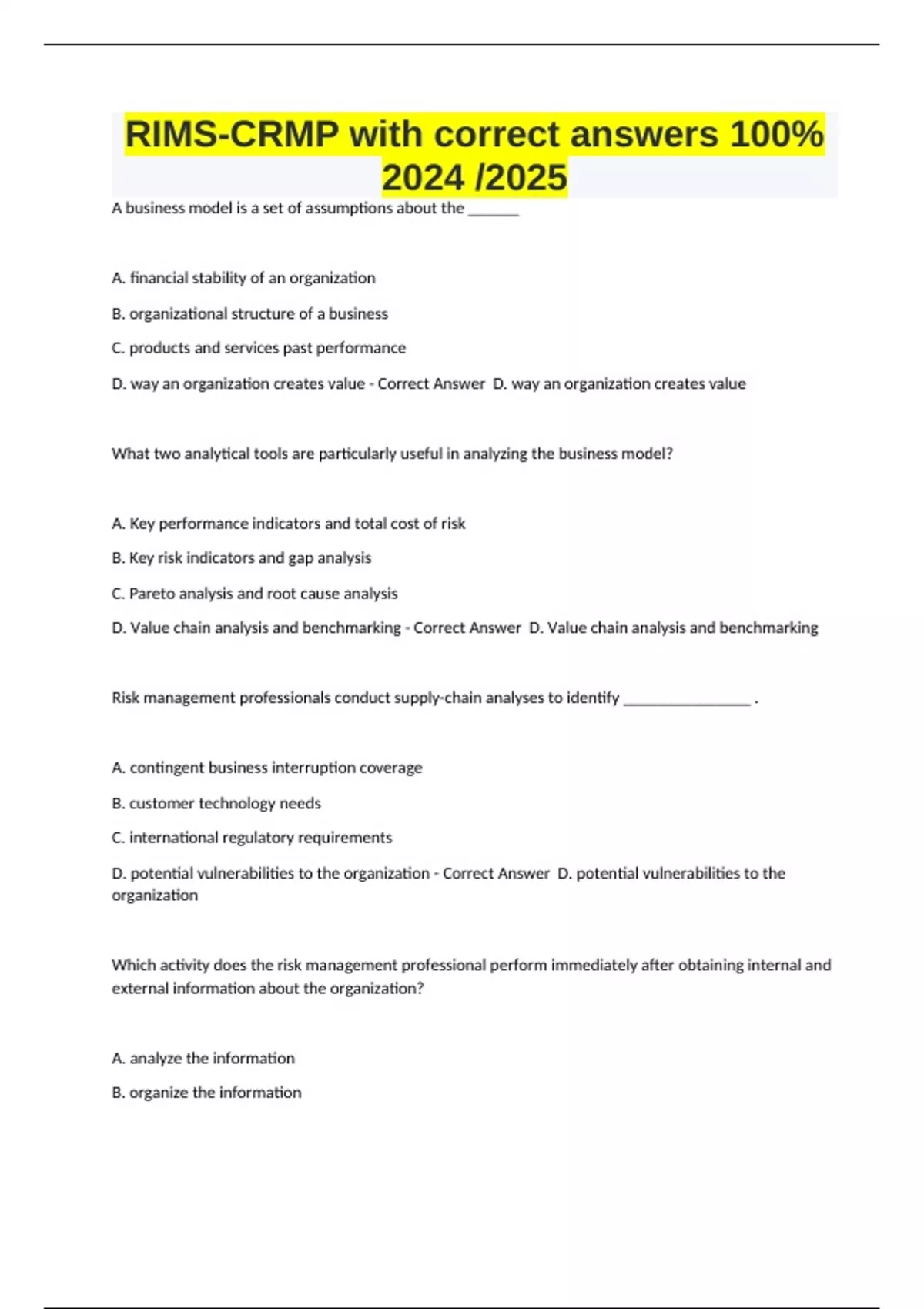 RIMS-CRMP with correct answers 100% 2024 /2025 - Certified risk ...