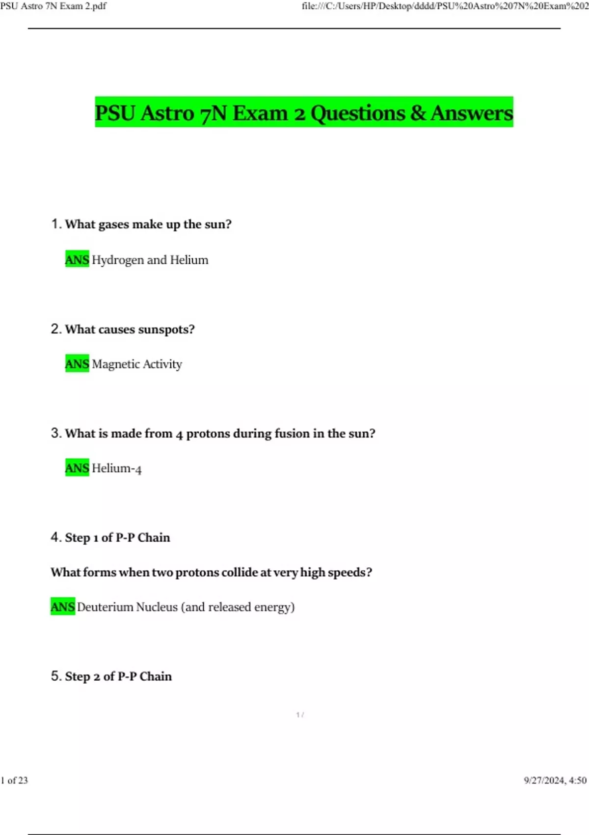 PSU Astro 7N Exam 2 Actual 2024 Questions with 100% Correct Answers ...