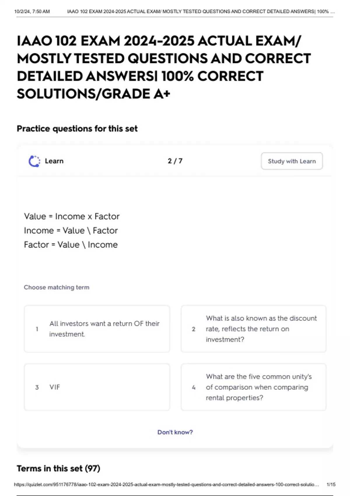 IAAO 102 EXAM ACTUAL EXAM/ MOSTLY TESTED QUESTIONS AND CORRECT DETAILED ...