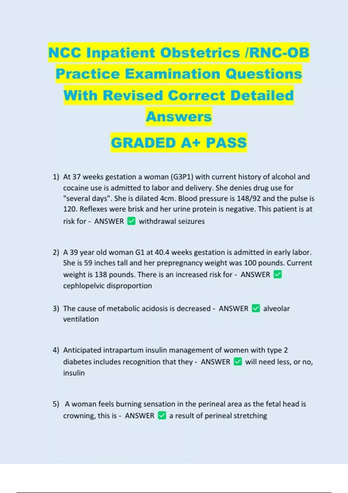 NCC Inpatient Obstetrics /RNC-OB Practice Examination Questions With ...