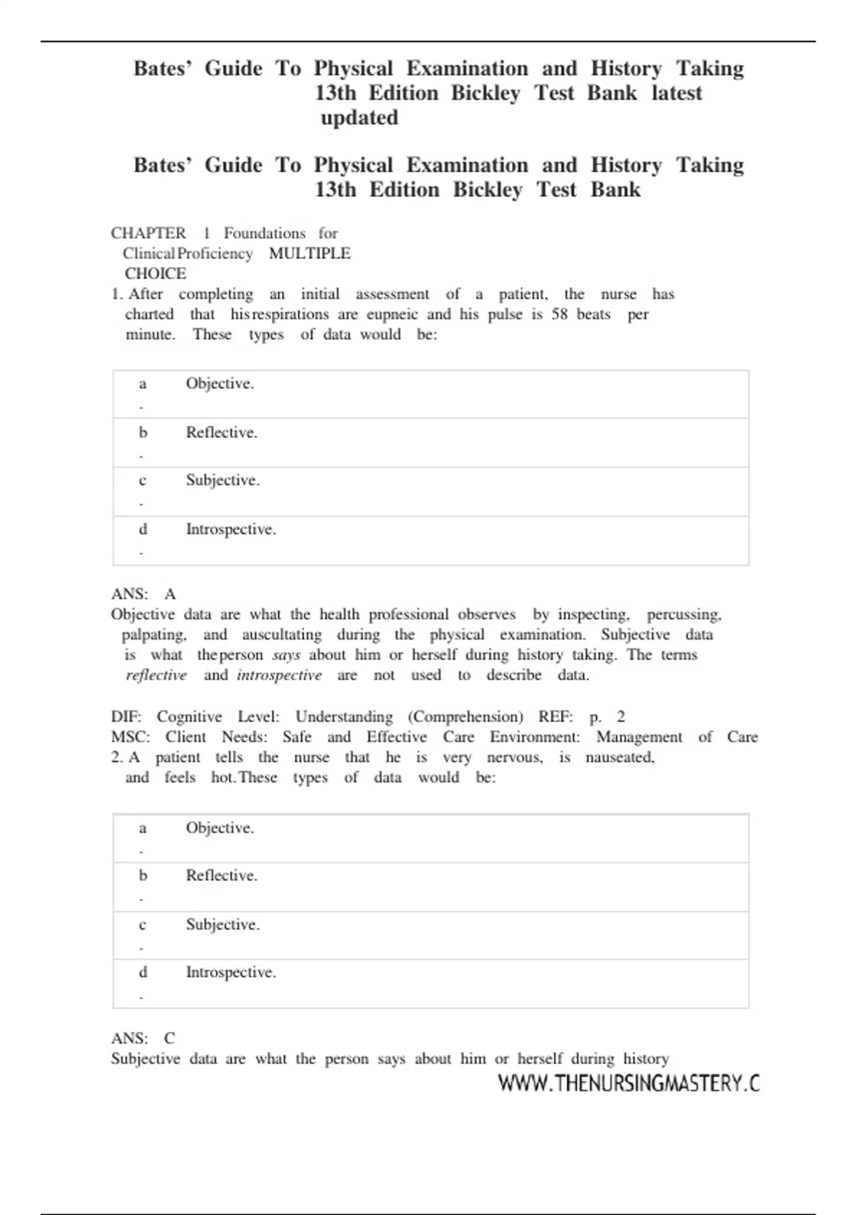 Test Bank for Bates’ Guide To Physical Examination and History Taking ...