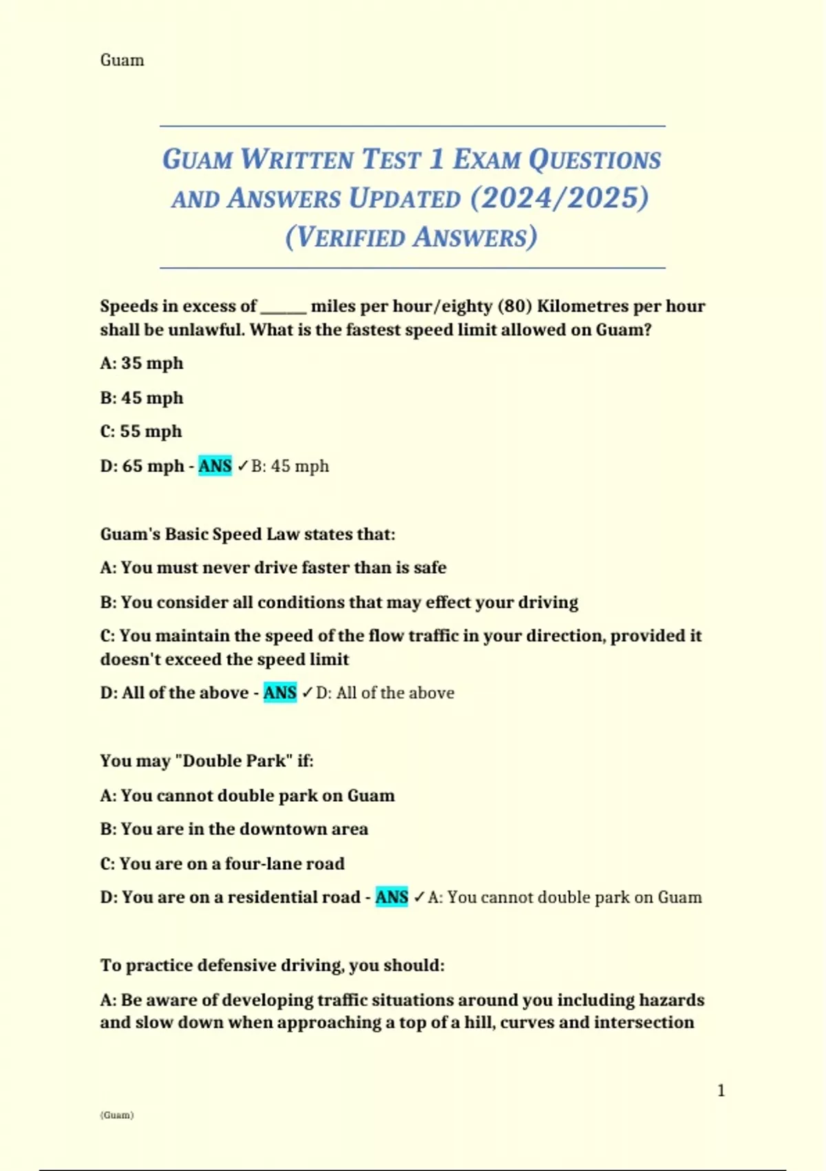 GUAM WRITTEN TEST 1 EXAM QUESTIONS AND ANSWERS UPDATED (2024/2025 ...