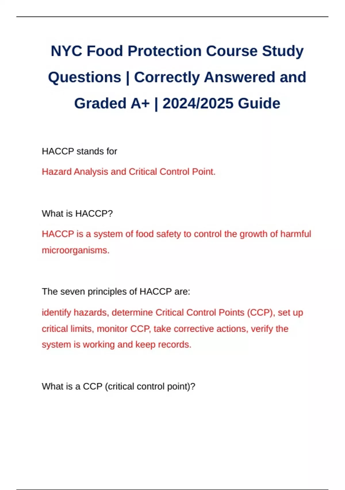 NYC Food Protection Course Study Questions | Correctly Answered and ...