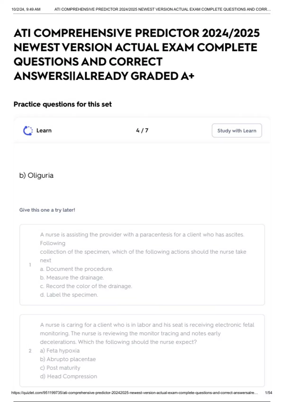 ATI COMPREHENSIVE PREDICTOR 2024/2025 NEWEST VERSION ACTUAL EXAM ...