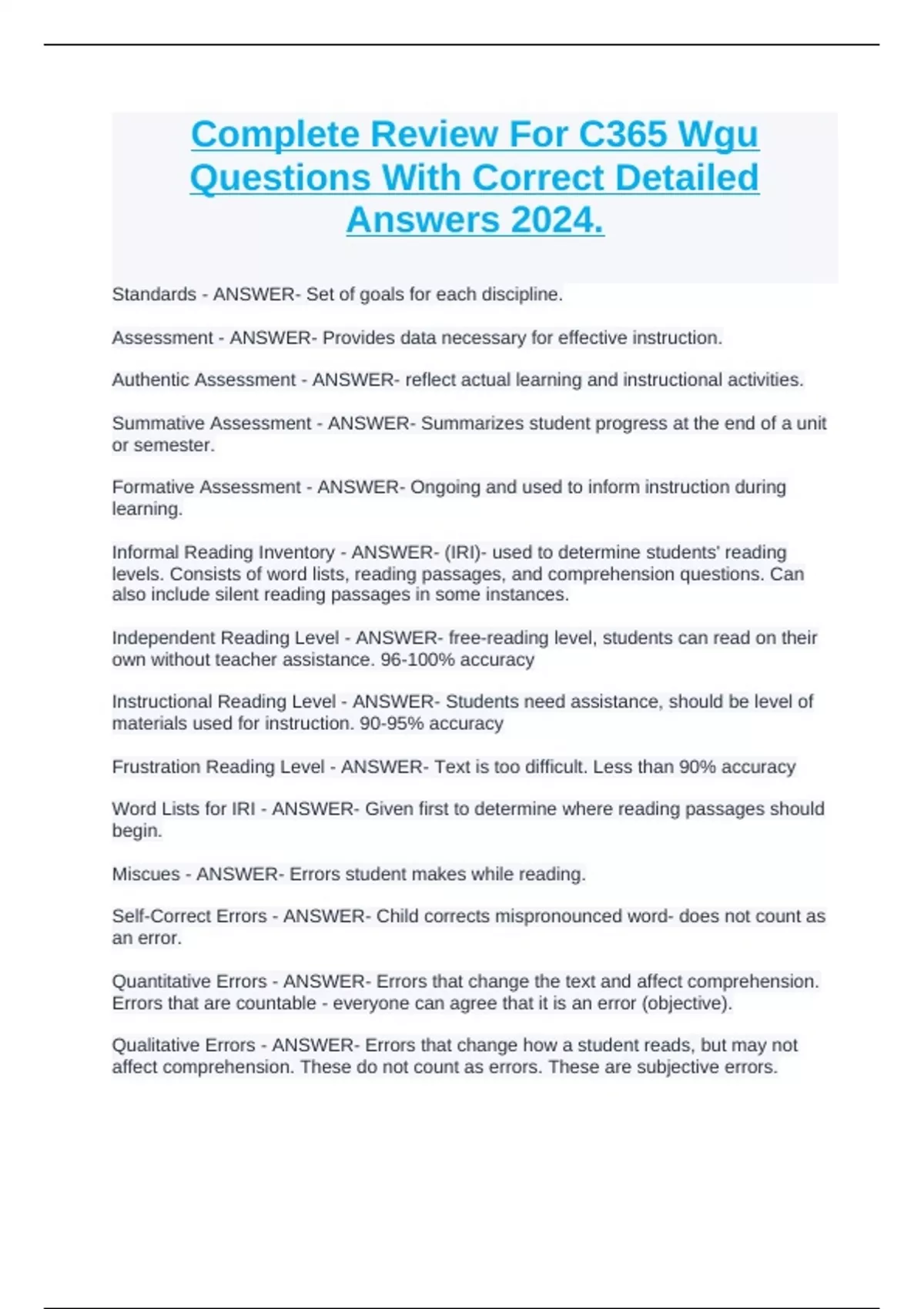 Complete Review For C365 Wgu Questions With Correct Detailed Answers ...