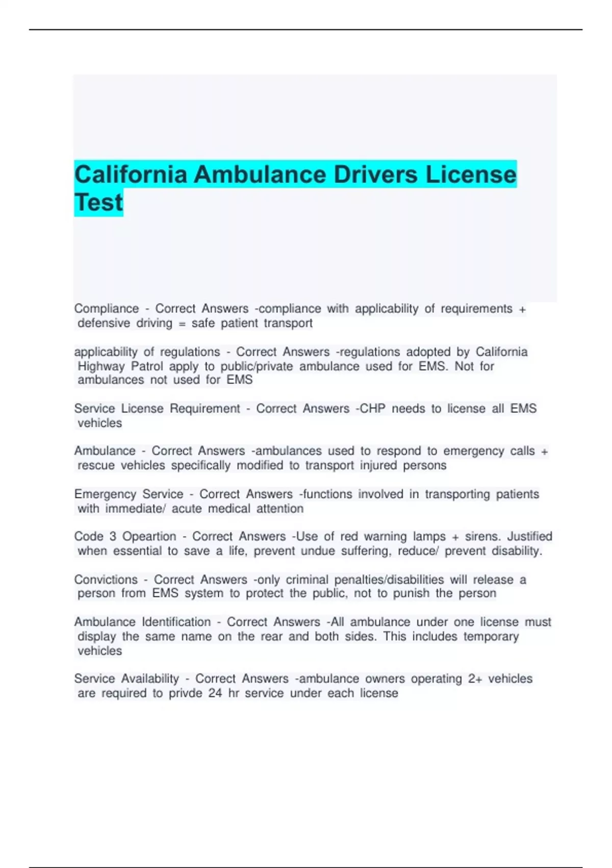 California Ambulance Drivers License Test - CA Ambulance - Stuvia US