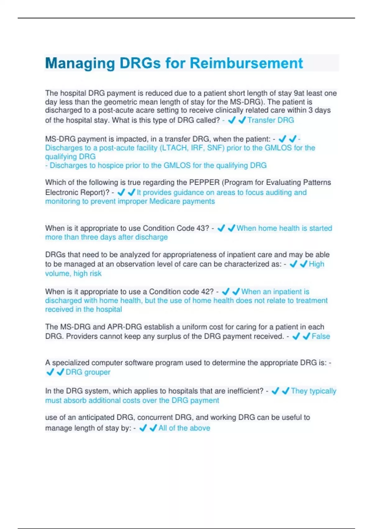 Managing DRGs for Reimbursement Questions + Answers Graded A+ ...
