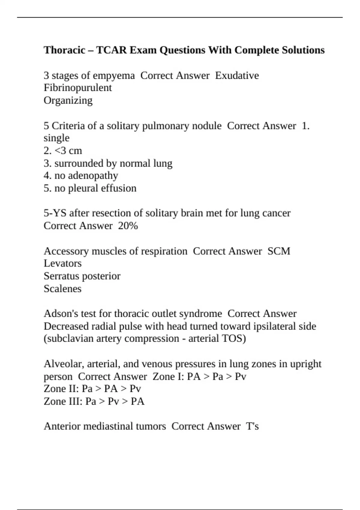 Thoracic – TCAR Exam Questions With Complete Solutions - TCAR - Stuvia UK