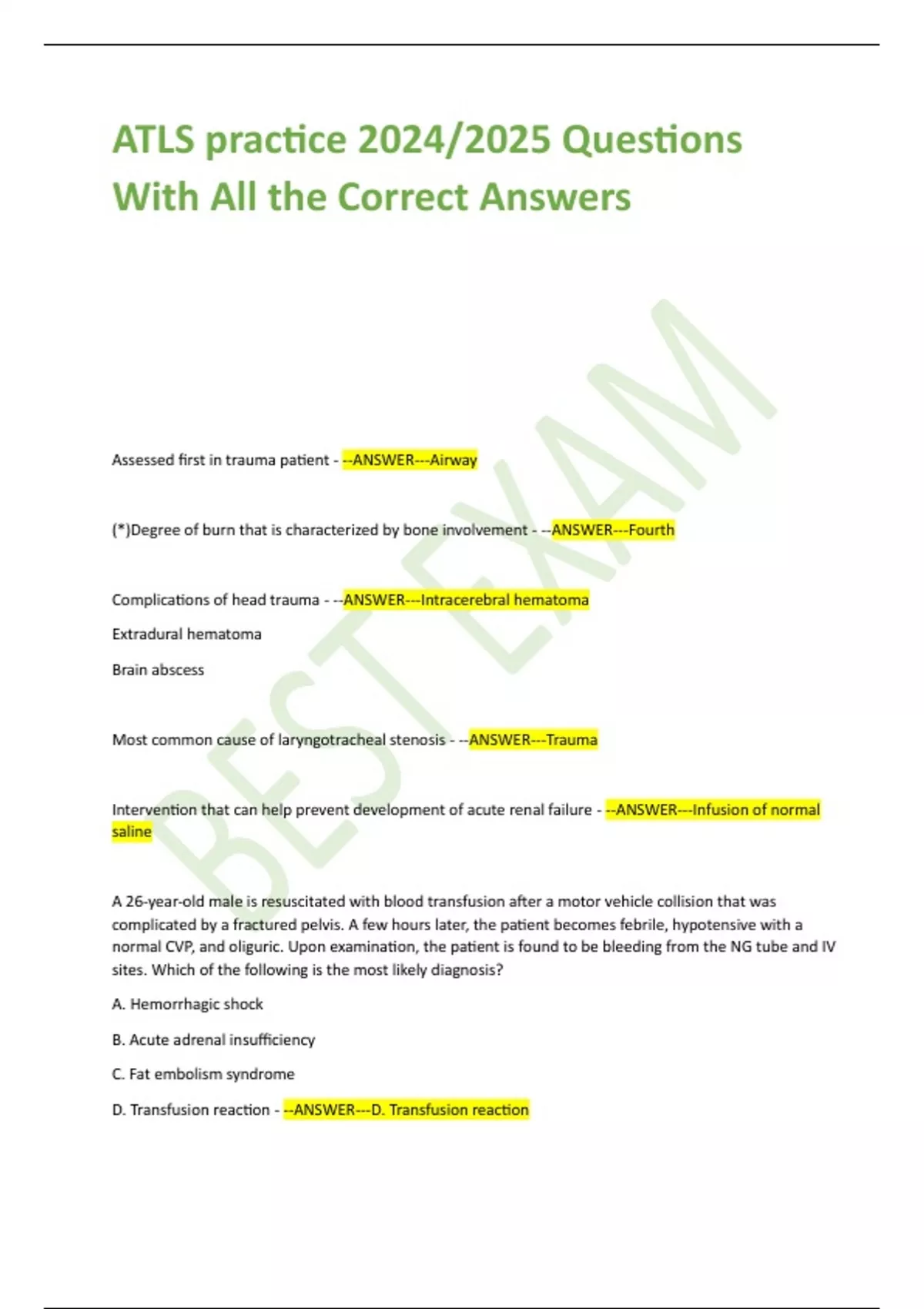 ATLS practice 2024/2025 Questions With All the Correct Answers - N ATI ...