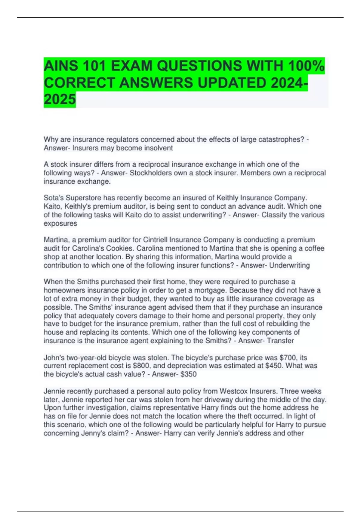 AINS 101 EXAM QUESTIONS WITH 100% CORRECT ANSWERS UPDATED - AINS 101 ...