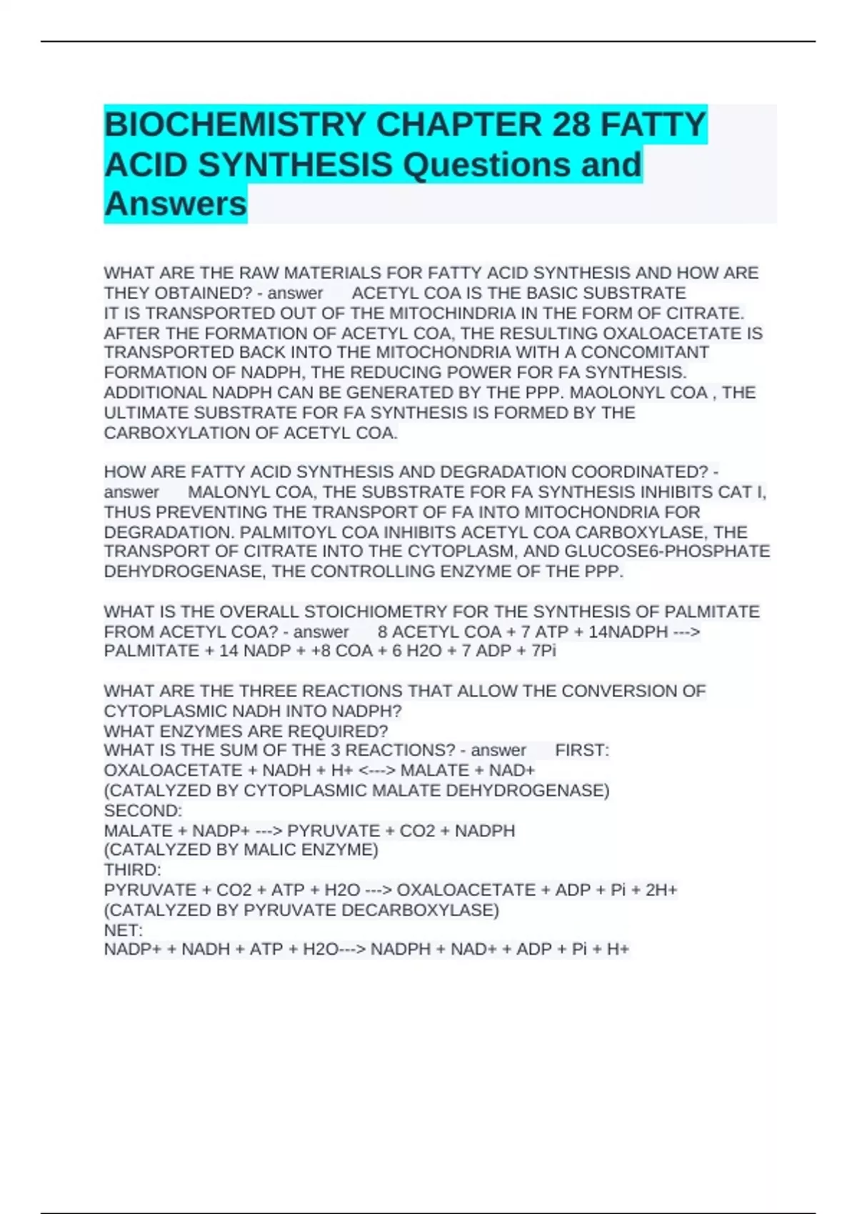BIOCHEMISTRY CHAPTER 28 FATTY ACID SYNTHESIS Questions and Answers ...