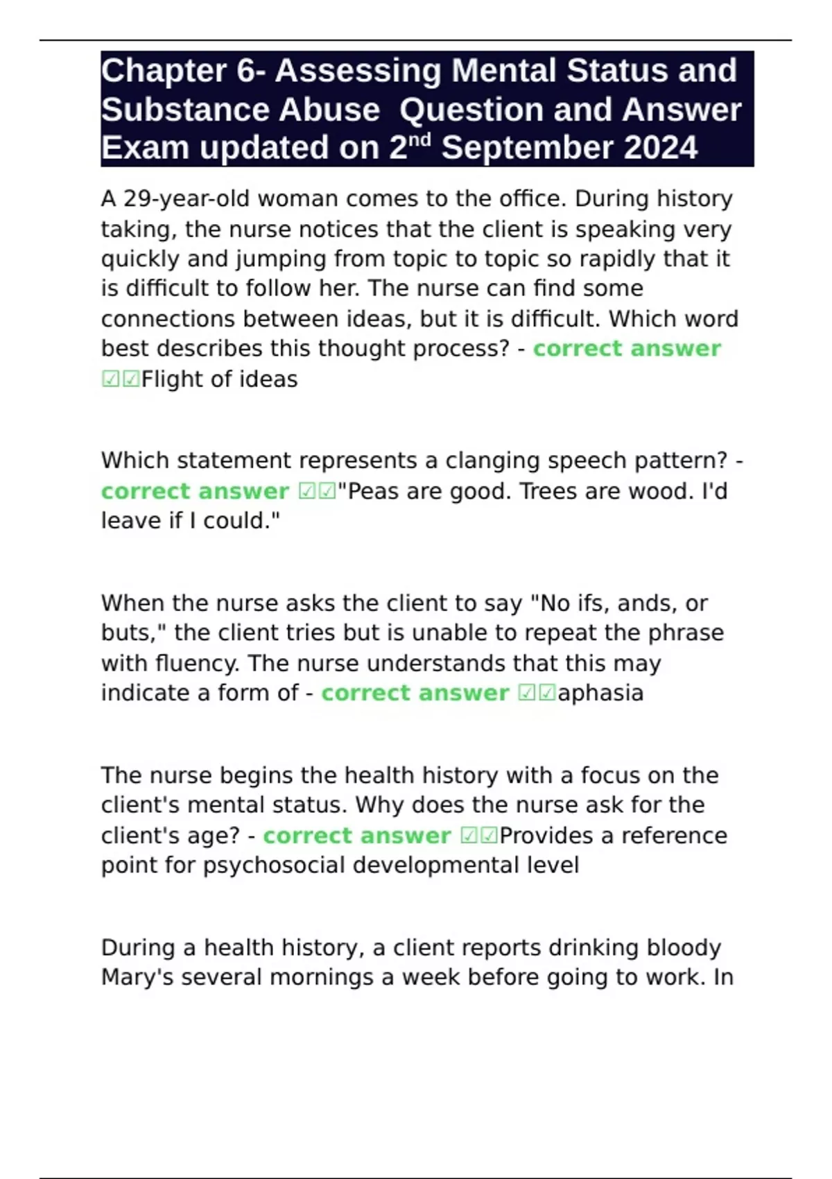 Chapter 6- Assessing Mental Status and Substance Abuse Question and ...