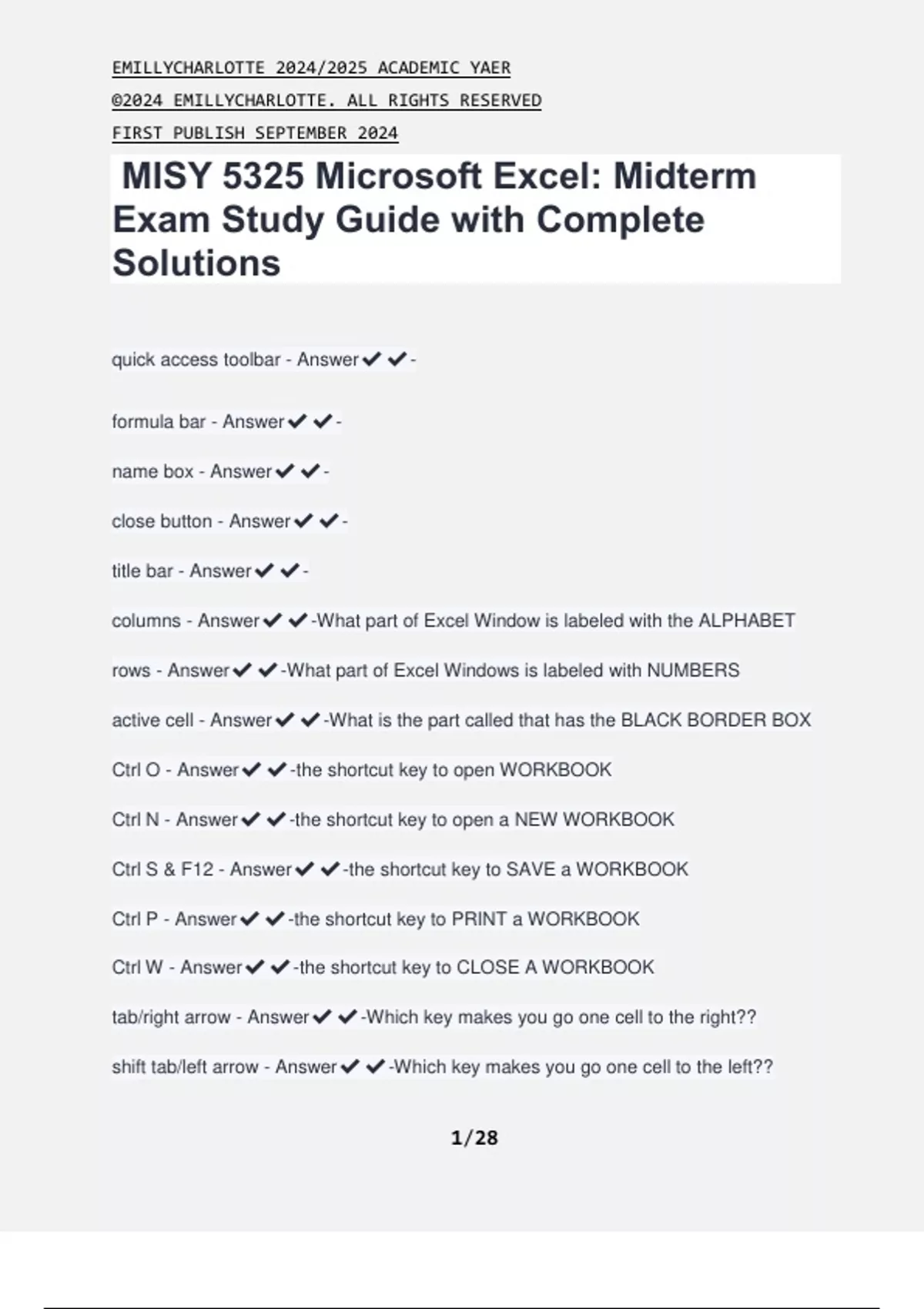 MISY 5325 Microsoft Excel: Midterm Exam Study Guide with Complete ...
