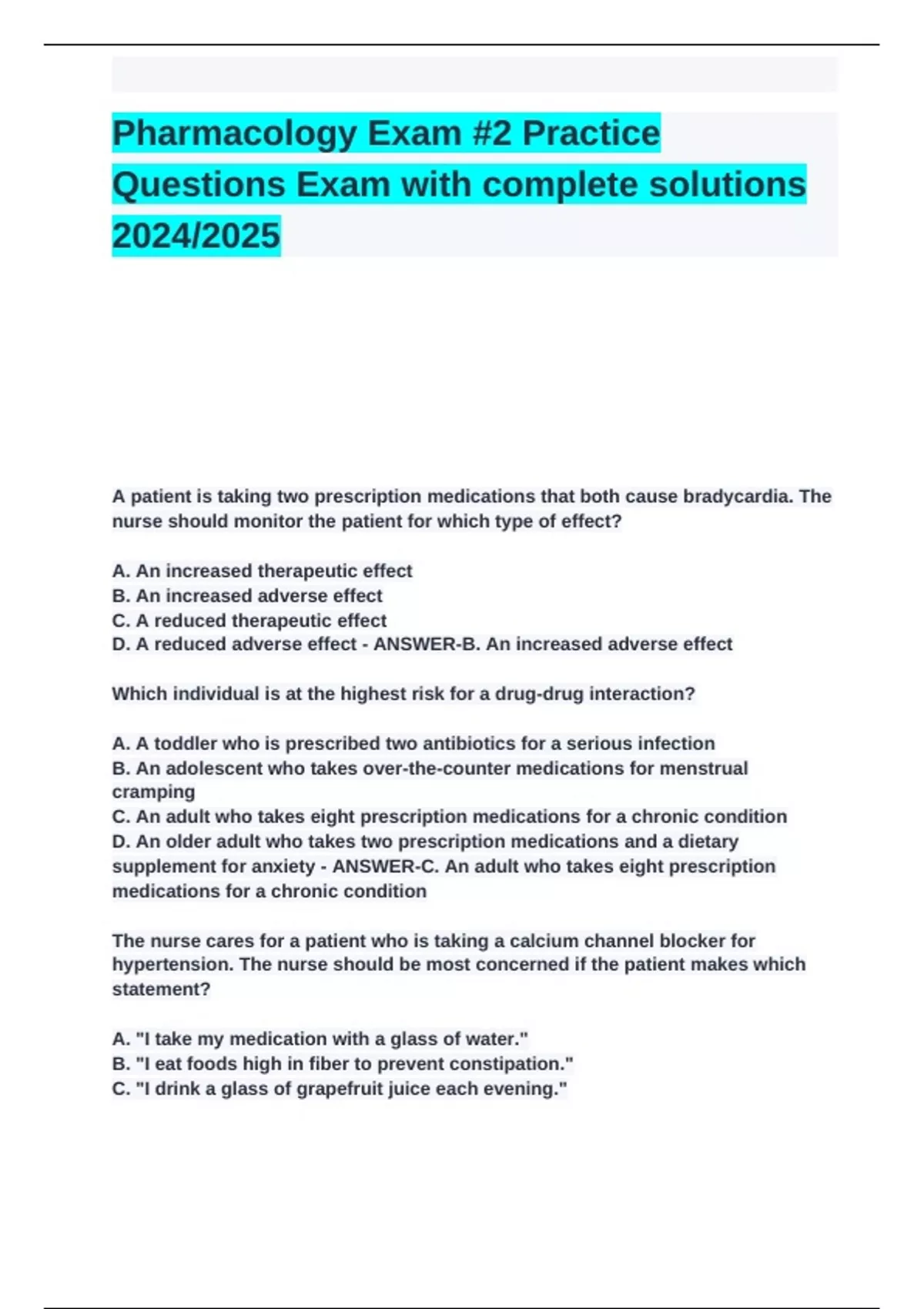 Pharmacology Exam -2 Practice Questions Exam with complete solutions ...
