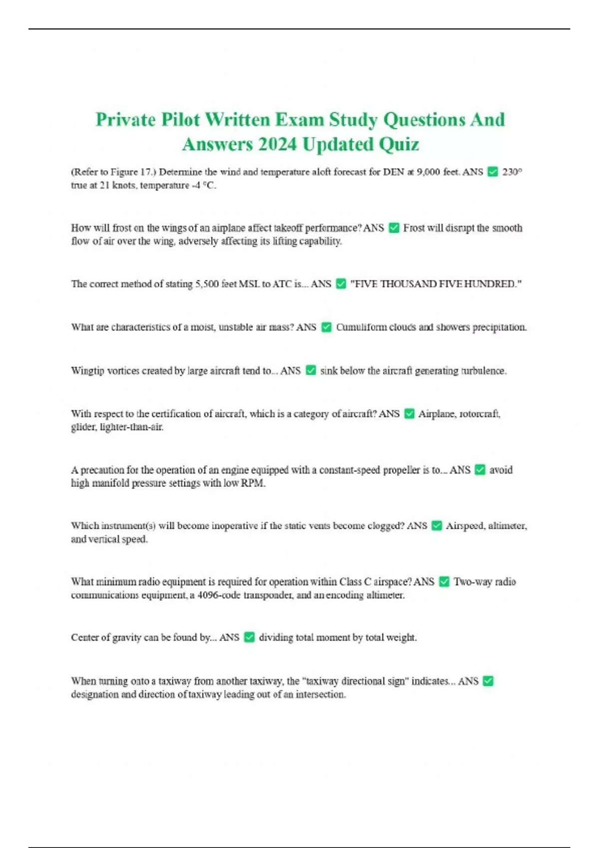 Private Pilot Written Exam Study Questions And Answers 2024 Updated ...