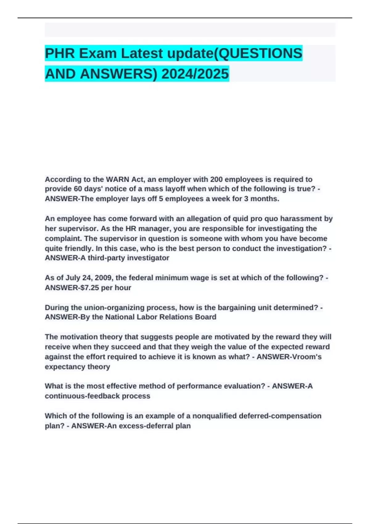 Phr Exam Latest Update Questions And Answers 2024 2025 Phr Professional In Human Resources