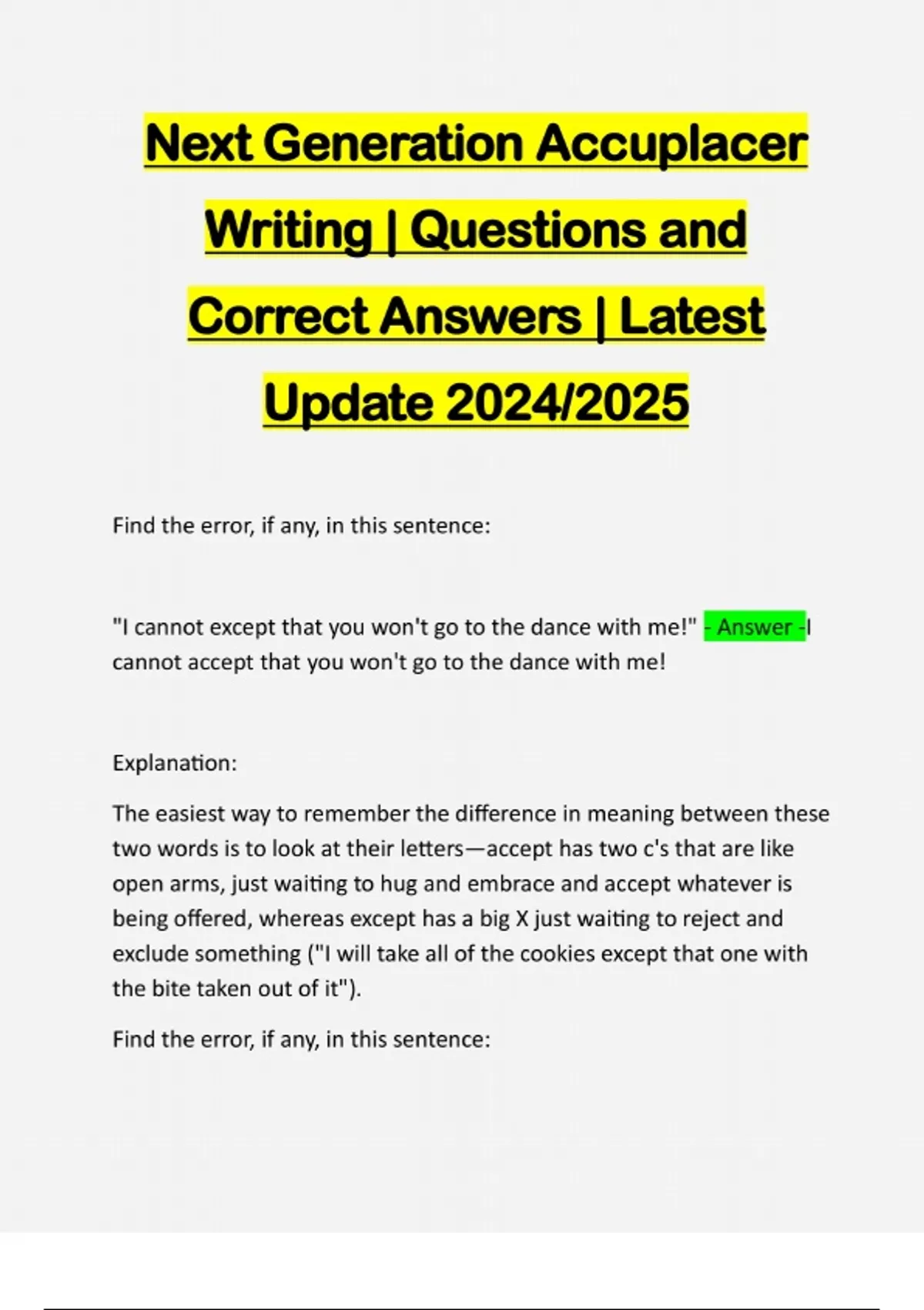 Next Generation Accuplacer Writing Questions And Correct Answers Latest Update 2025 2026