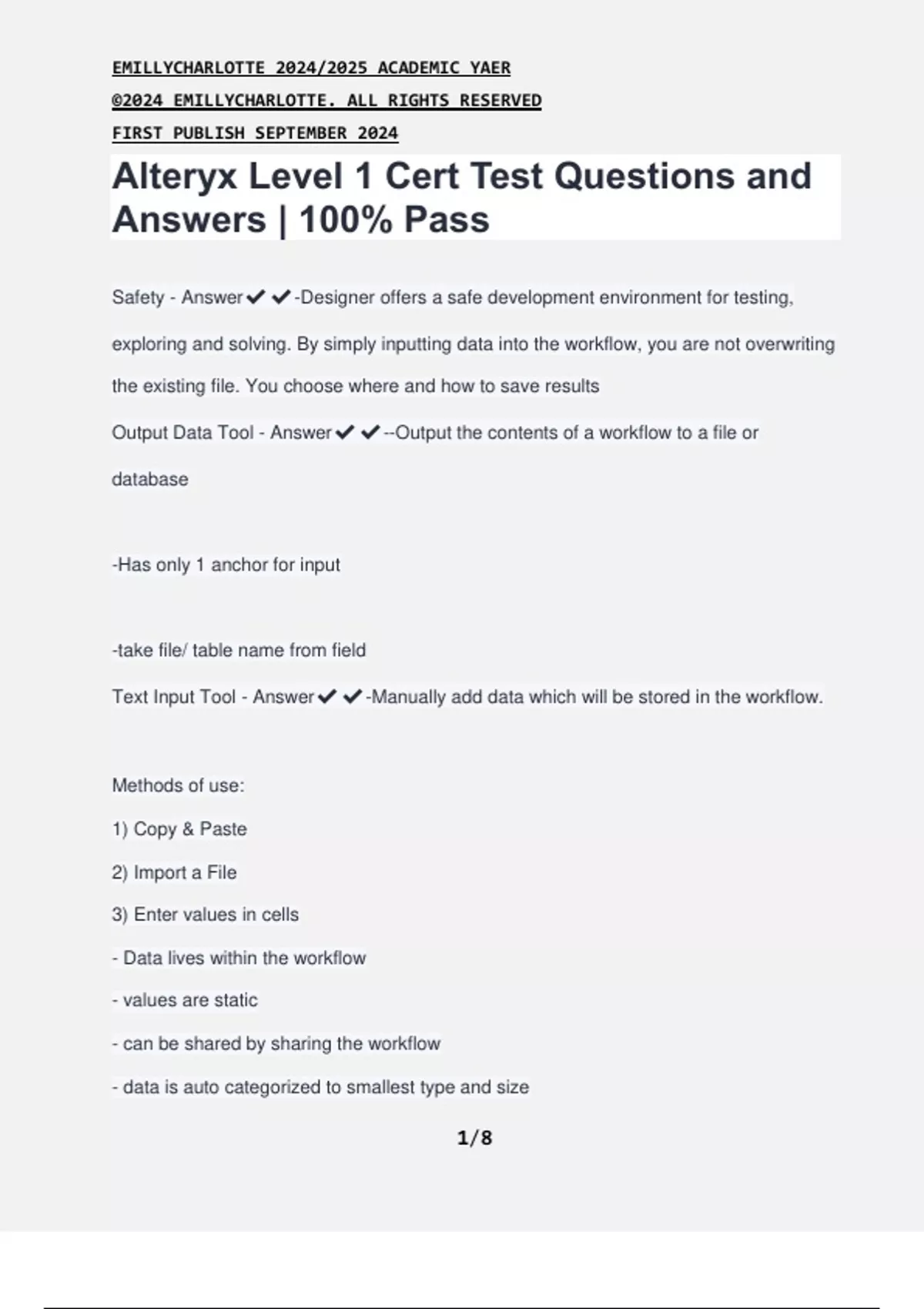 Alteryx Level 1 Cert Test Questions and Answers | 100% Pass - Alteryx ...