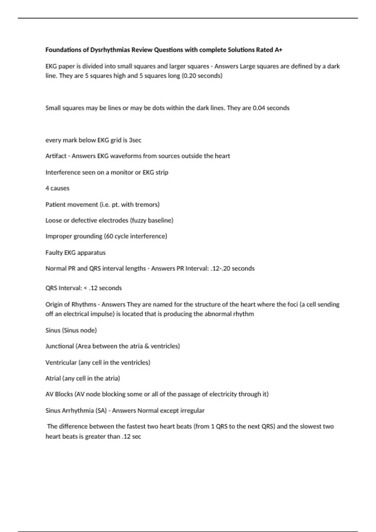 Foundations of Dysrhythmias Review Questions with complete Solutions ...