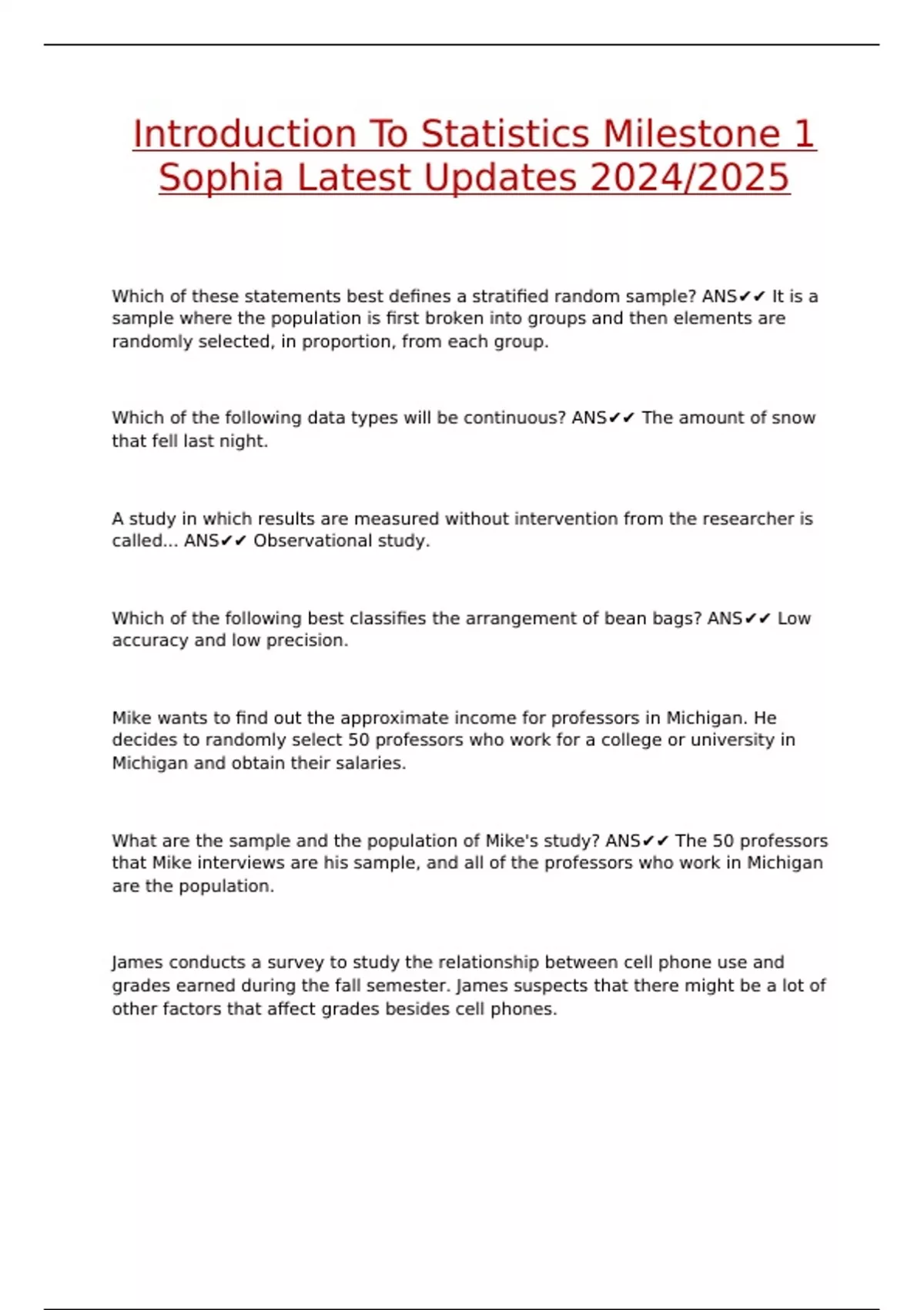 Introduction To Statistics Milestone 1 Sophia Latest Updates 2024/2025 ...