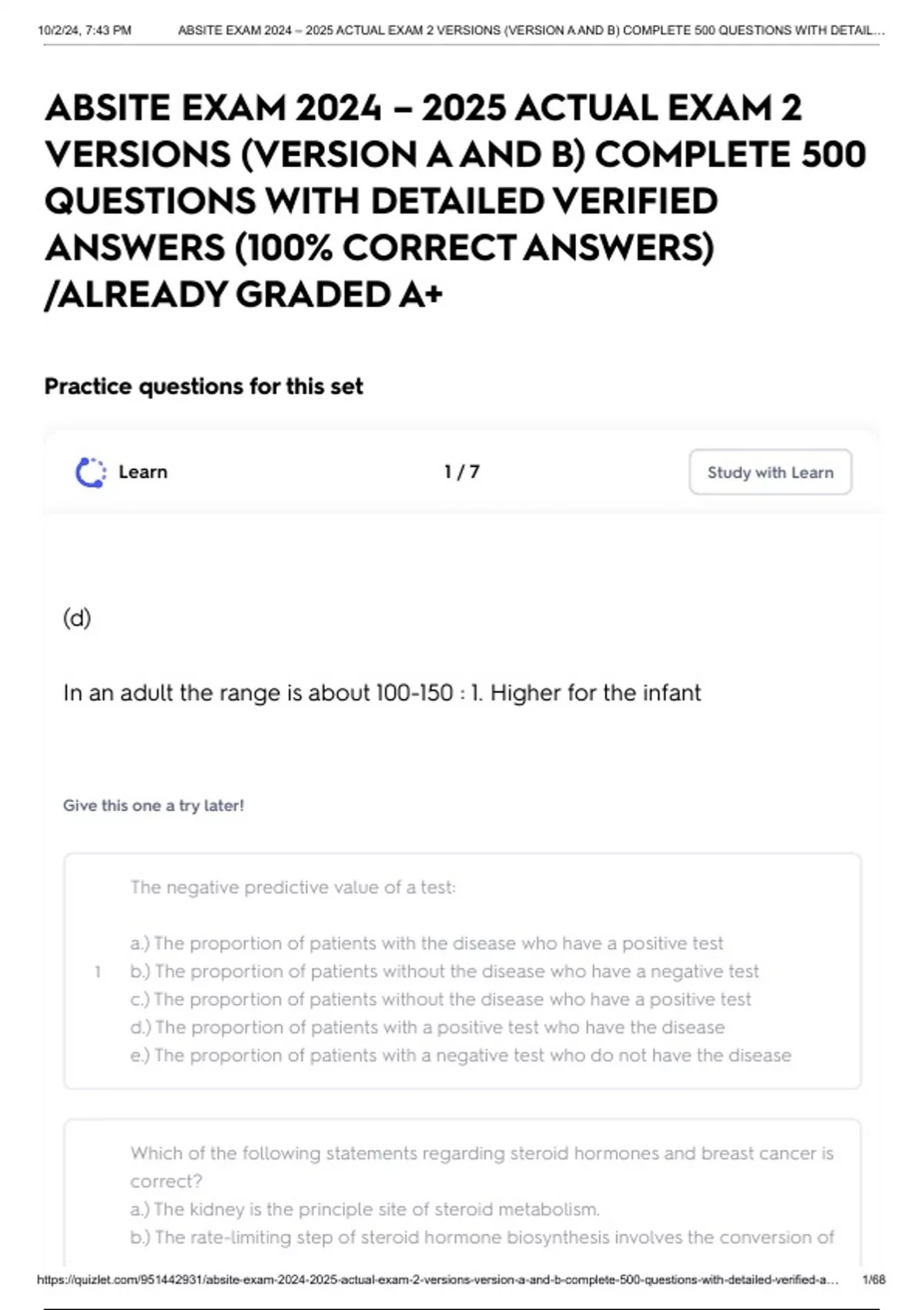 ABSITE EXAM 2024 – 2025 ACTUAL EXAM 2 VERSIONS (VERSION A AND B ...