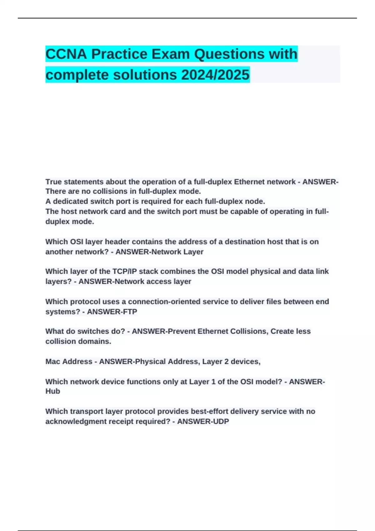 CCNA Practice Exam Questions with complete solutions 2024_2025 - CCNA - Cisco Certified Network ...