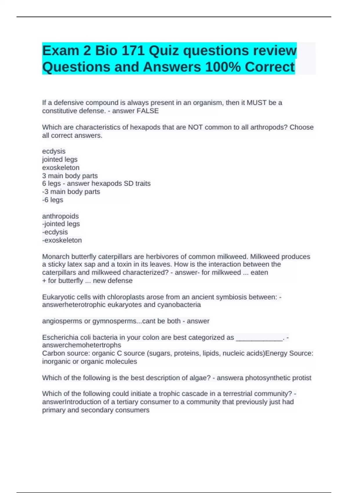 Exam 2 Bio 171 Quiz questions review Questions and Answers 100% Correct ...